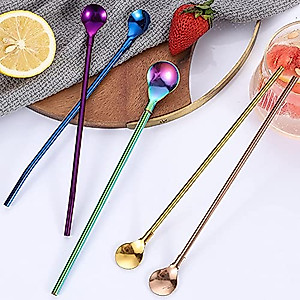 14Pcs Straws Spoon, BetterJonny Stainless Steel Drinking Spoon Straws 2 in 1 Long Handle Reusable Straws Spoon with 2 Cleaning Brushes for Latte Macchiato (7 Color)