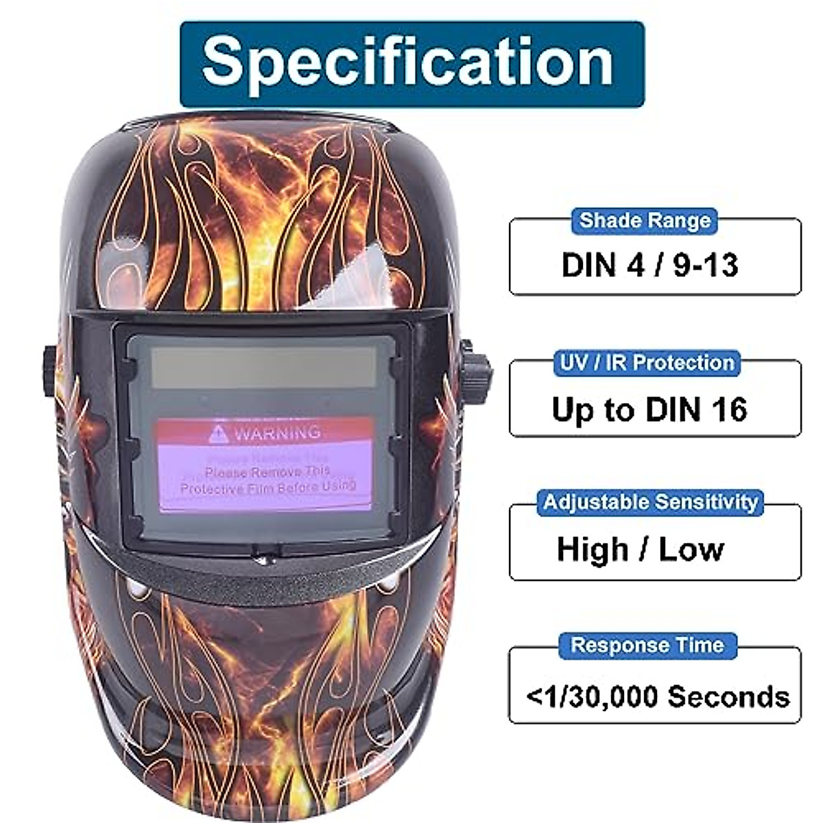 Solar Power Auto Darkening Welding Helmet with Wide Shade Range 4/5-9/9-13 with Grinding Feature & 2 Extra Lens Covers for ARC MAG MIG MMA Stick TIG Plasma Cutting (Model-44)
