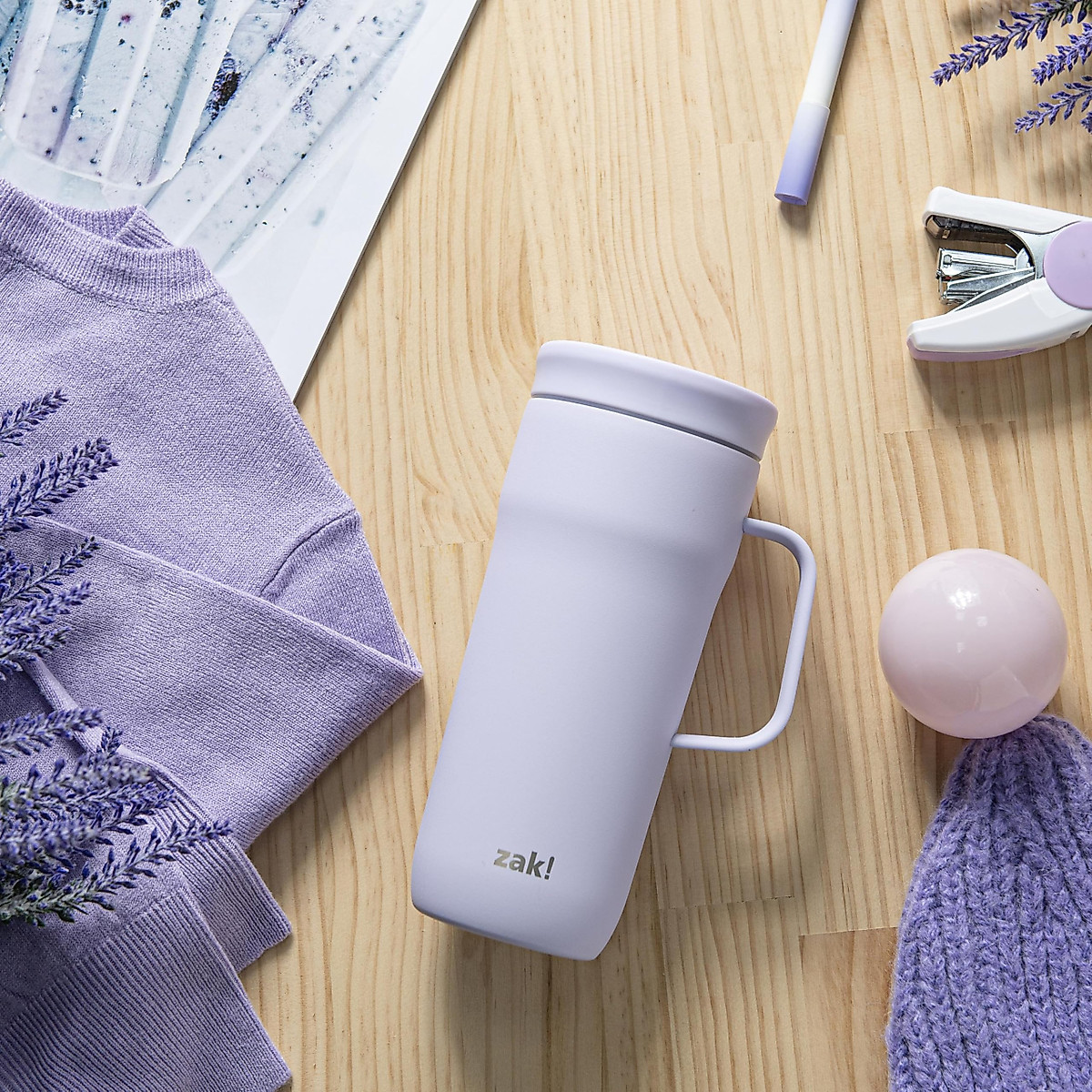 Zak Designs Harmony Tumbler for Travel or At Home, 20oz Recycled Stainless Steel is Splash-Proof and Vacuum Insulated with Slide Lid and Handle (Smoky Lilac Purple)