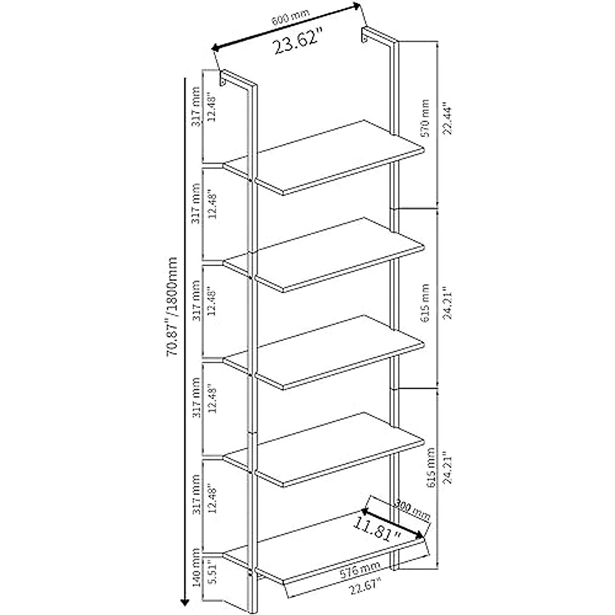 ACLULION 5 Tier Wall Mounted Ladder Shelves, Industrial Ladder Bookcase with Metal Frame and Wood Shelf, Modern Learning Bookshelf for Living Room, Bedroom, Office (24" W x 12" D x 71" H, White)