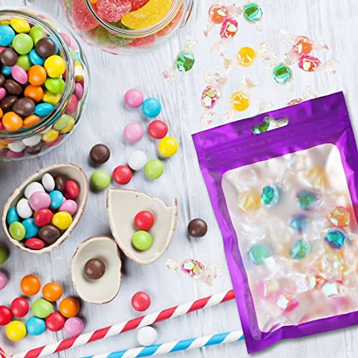 50Pcs Smell Proof Bags Resealable Bags for Food Storage 3x4Inch Packaging Bags with Clear Window Foil Pouch Ziplock Bag Self Sealing Bag for Party Favors,Lipgloss,Jewelry,Candy-Purple