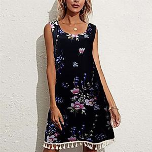 Midi Spring Dresses for Women 2023 2023 Women's Summer Loose Tassel Sleeveless Printed Dress Black
