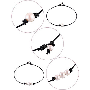 MauSong 2 Pieces Single Freshwater Pearl Necklace and 3 Freshwater Pearl Beads Choker on Black Leather Cord for Women