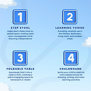 Montessori Mission 4-in-1 Foldable Learning Kitchen Tower, Stool with Chalkboard, Desk, Table & Chair, Montessori Kitchen Stool, Learning & Kitchen Tower for 1-6 Years Old