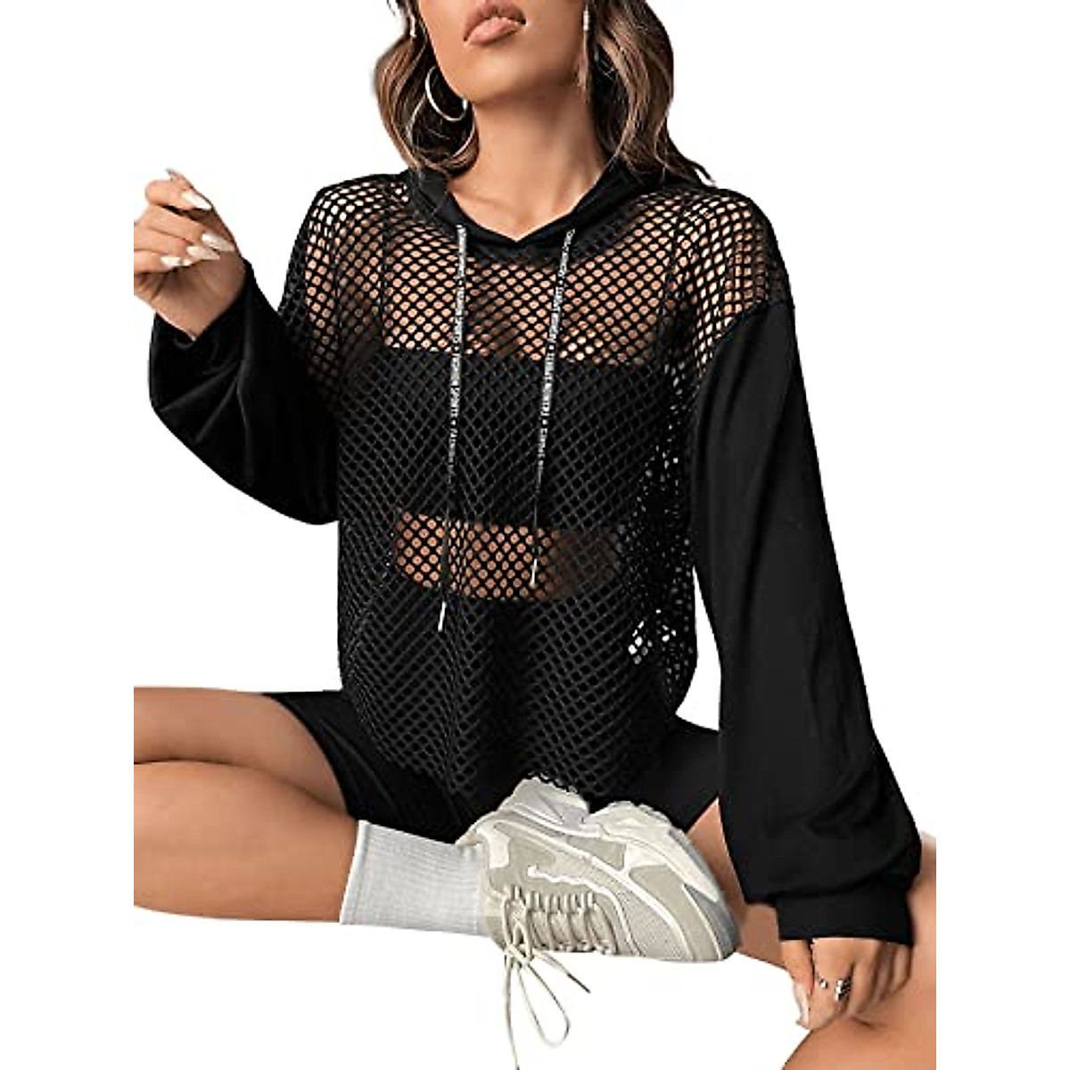 Verdusa Women's Sexy See Through Fishnet Long Sleeve Drawstring Hoodie Top Sweatshirt Black M