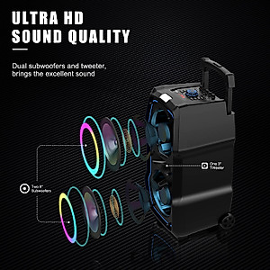 VeGue Karaoke Machine, Wireless Bluetooth PA System for Adults & Kids with Dual 8'' Subwoofers, 2 UHF Wireless Mics, Colorful LED Lights, Ideal for Home Karaoke, Party, Stage Performance (VS-0808)