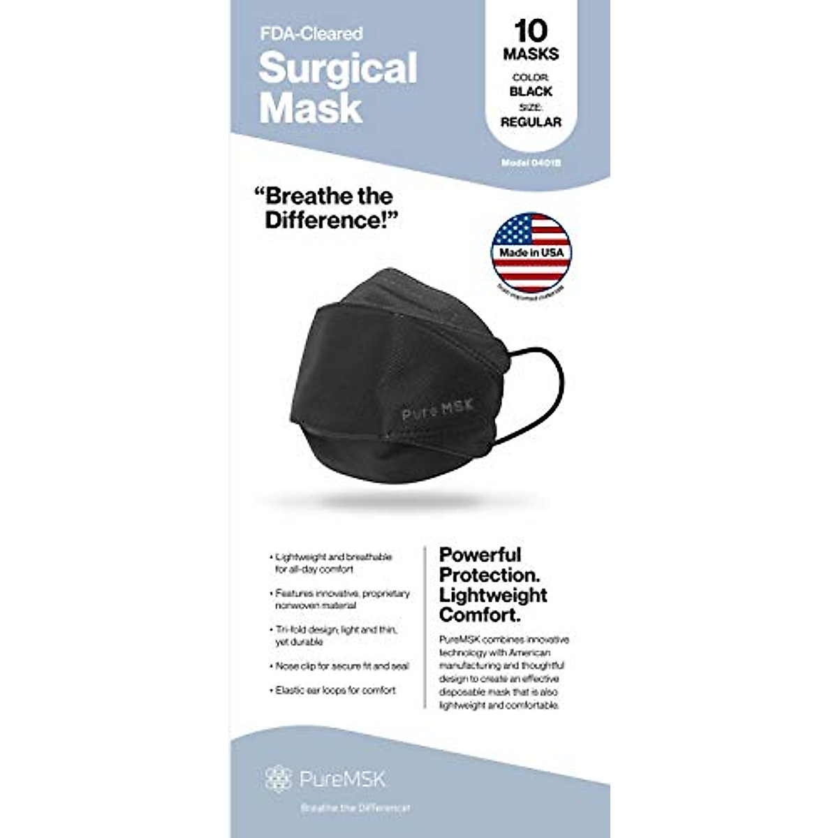 PURE-MSK Trifold Disposable Mask - Made in the USA - Light Weight Easy Breathing Material - Adult Size - 10 Pack - Black