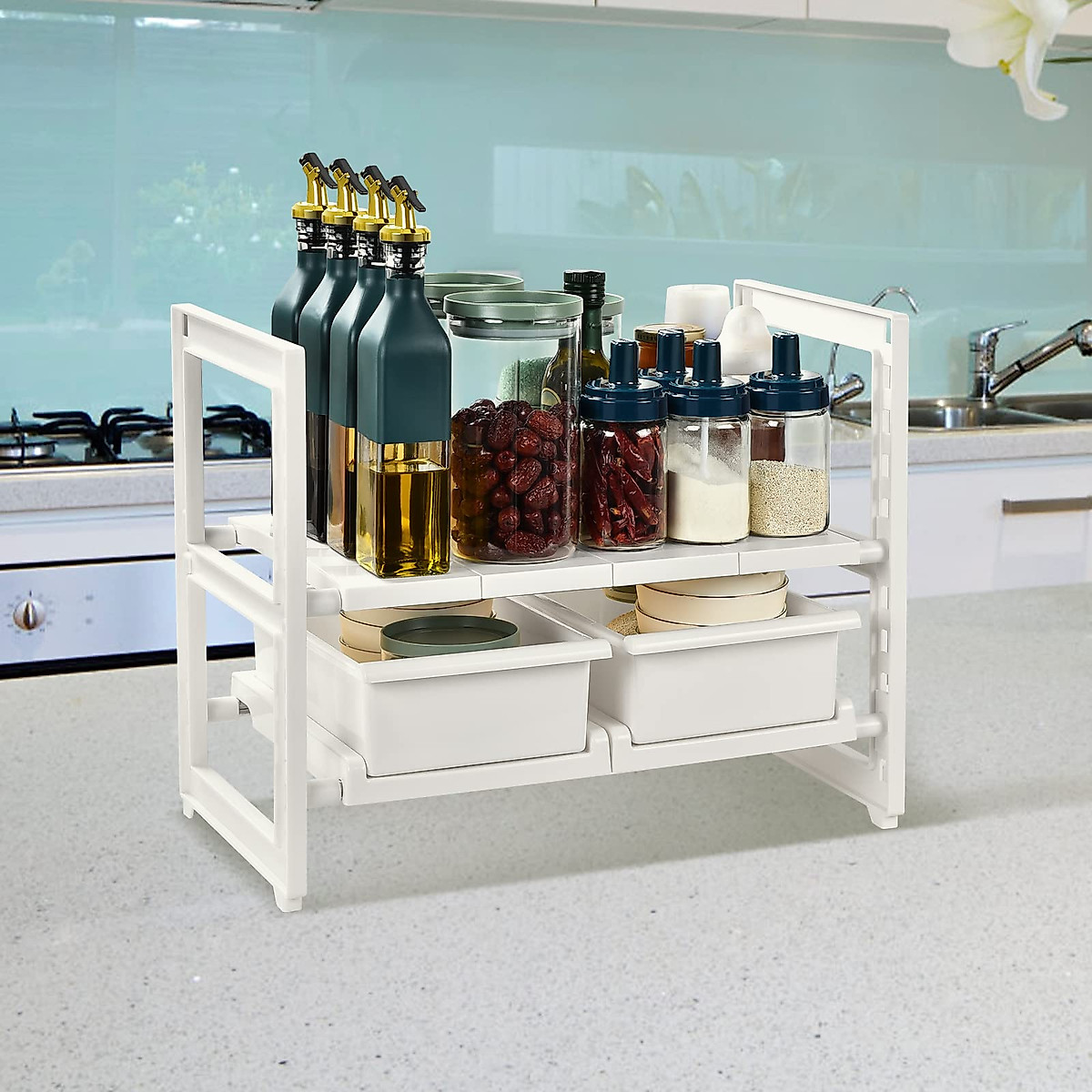 aceyoon Under Sink Organizer and Storage, 2 Tier Expandable Kitchen Under Sink Shelf With 2 Pull Out Drawers and 6 Removable Panels, Adjustable Under Sink Cabinet Rack for Bathroom/Balcony/Cloakroom