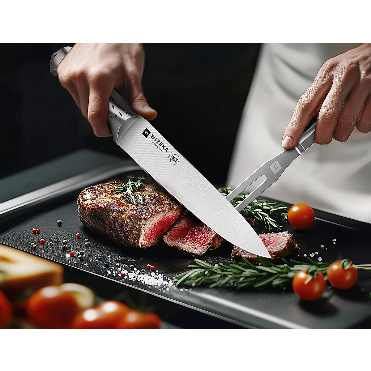 WIZEKA Turkey Carving Knife Set 2-Piece, 8-inch Carving Knife and Fork Set, Ultra-Sharp German Stainless Steel Kitchen Knife for Meat, BBQ, Carving Set with Gift Box for Thanksgiving, Jaguar Series