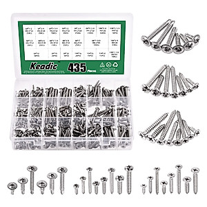 Keadic 325 Pcs 304 Stainless Steel #6#8#10 Self Tapping Screws Assortment Set Contains Round Head & Philips Flat Head & Wafer Head Self Drilling Screw Sheet Metal Screws
