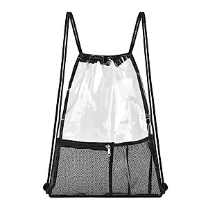 Clear Drawstring Bag Large PVC Drawstring Backpack with Bottle Holder and Front Zipper Mesh Pocket for Sporting Beach Swimming (Black)