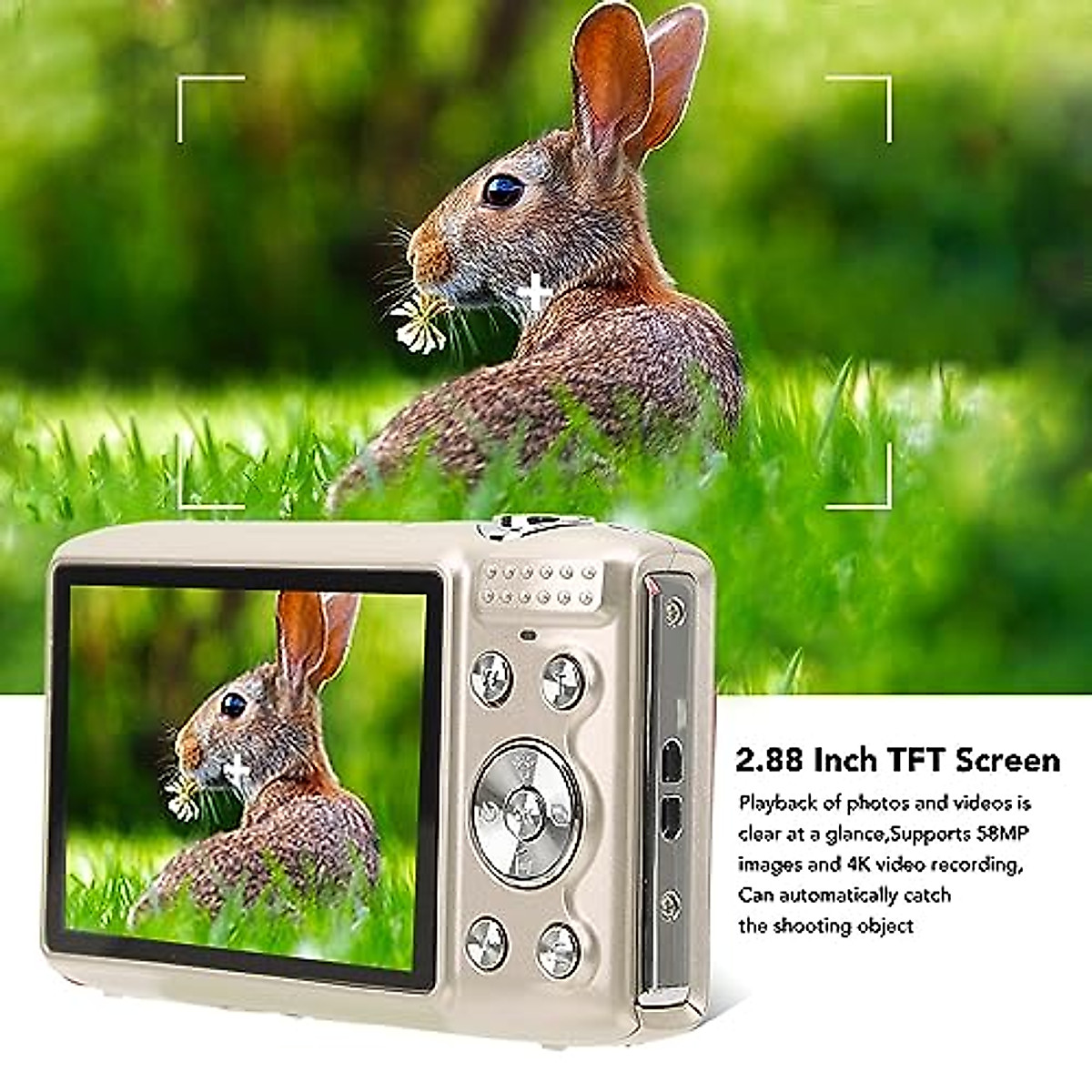 4K Digital Camera, 58MP 16X Zoom Auto Focus Vlogging Camera, Kids Compact Camera with 2.88Inch HD TFT Screen, Face Recognition, Timing Function, Fixed Focus Macro (Gold Color)