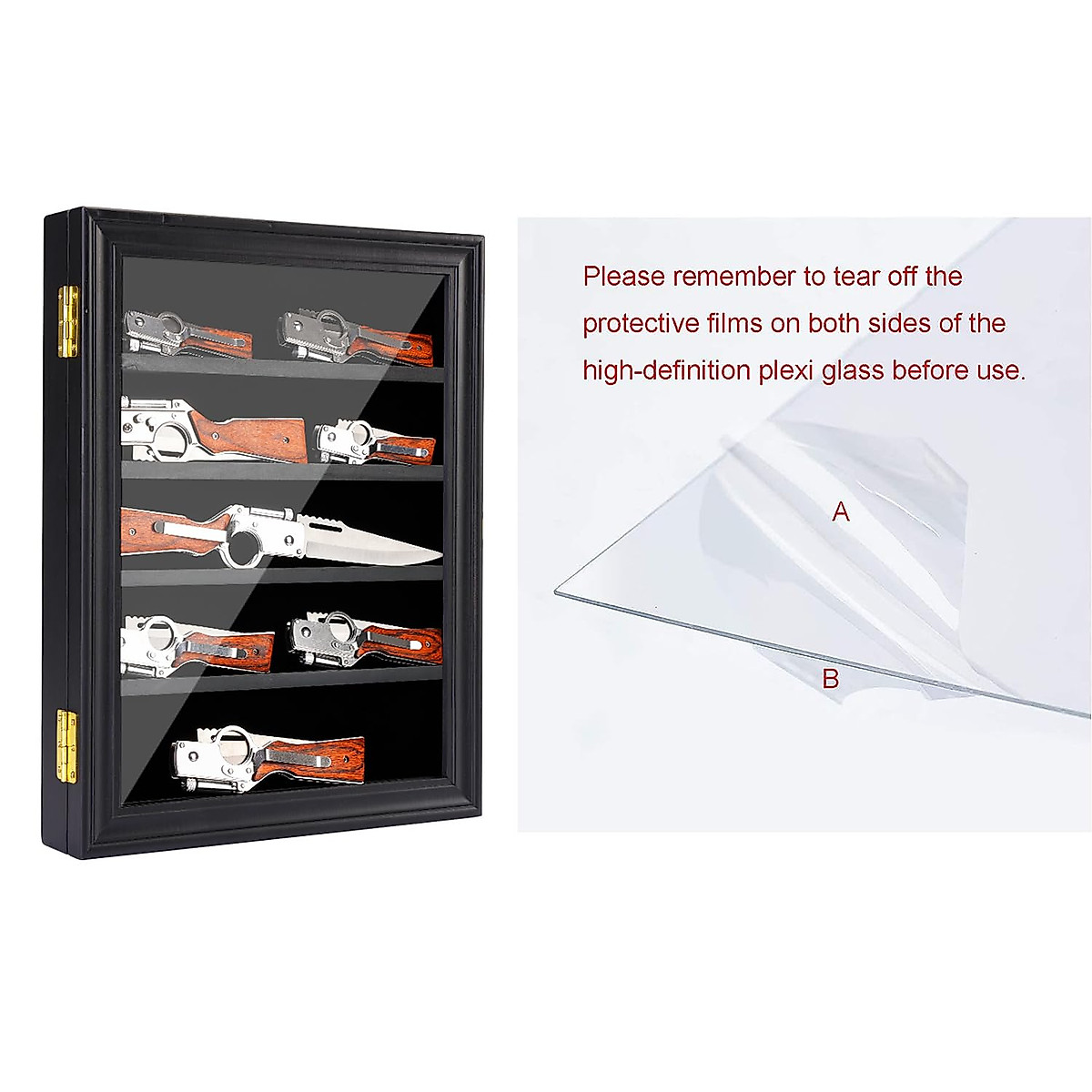 LIUYALO Knife Display Case 5 Rows Pocket Knife Display Cases for Collections Stand Military Folding Knife Shadow Box Wall Cabinet with UV Protection Acrylic Lockable, Black