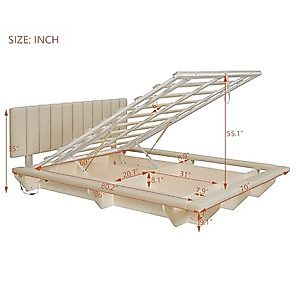 Acosure Queen Size Hydrualic Upholstered Floating Bedframe with LED Light & USB Port,Velvet Upholstered Platform Bed W/Storage,Space Saving,Beautiful Furniture for Bedroom Guest Room Apartment,Beige