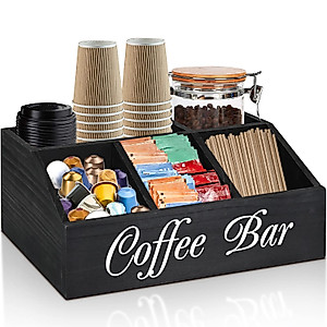 Coffee Station Organizer Coffee Bar Organizer for Counter, Wood Coffee Pods Holder Storage Basket, Coffee and Tea Condiment Storage Organizer, Rustic Coffee Bar Decor for Coffee Accessories Organizer