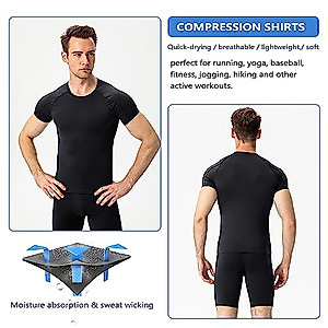 CARGFM Men Short Sleeve Compression Shirts Athletic Workout T-Shirt UPF 50+ Quick Dry Sports Base Layer Undershirts Black