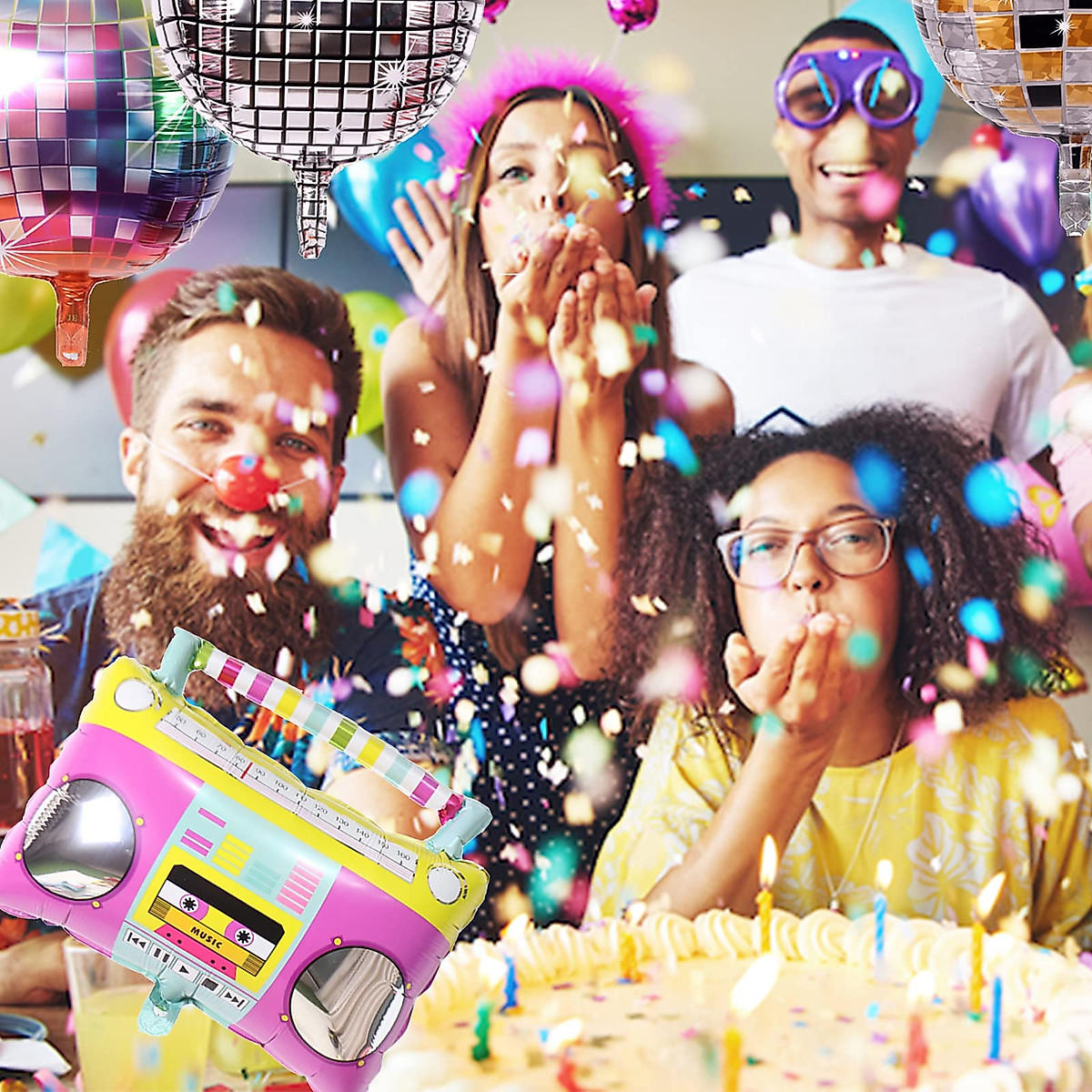 Timisea 10 PCS Rainbow Roller Skate Balloons Boom Box Balloon,22 Inch Round Color Foil Balloons, 4D Laser Disco Foil Balloons 80s 90s Retro Theme Hip Hop Disco Fever Birthday Party Balloon Decor