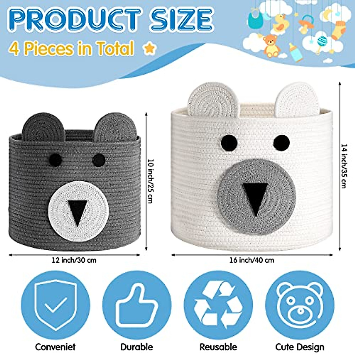 4 Pieces Cotton Rope Bear Animal Basket 2 Sizes Cute Bear Basket with Handles Cotton Rope Storage Basket Foldable Woven Storage Basket Baby Laundry Hamper Nursery Bins for Toys, Blanket, Clothes