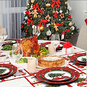 Homlouue 200 Pcs Christmas Paper Plates and Napkins, Santa Claus Car Red and White Plates and Napkins Disposable, Christmas Dinner Serves 50 Guests, Party Table Decorations