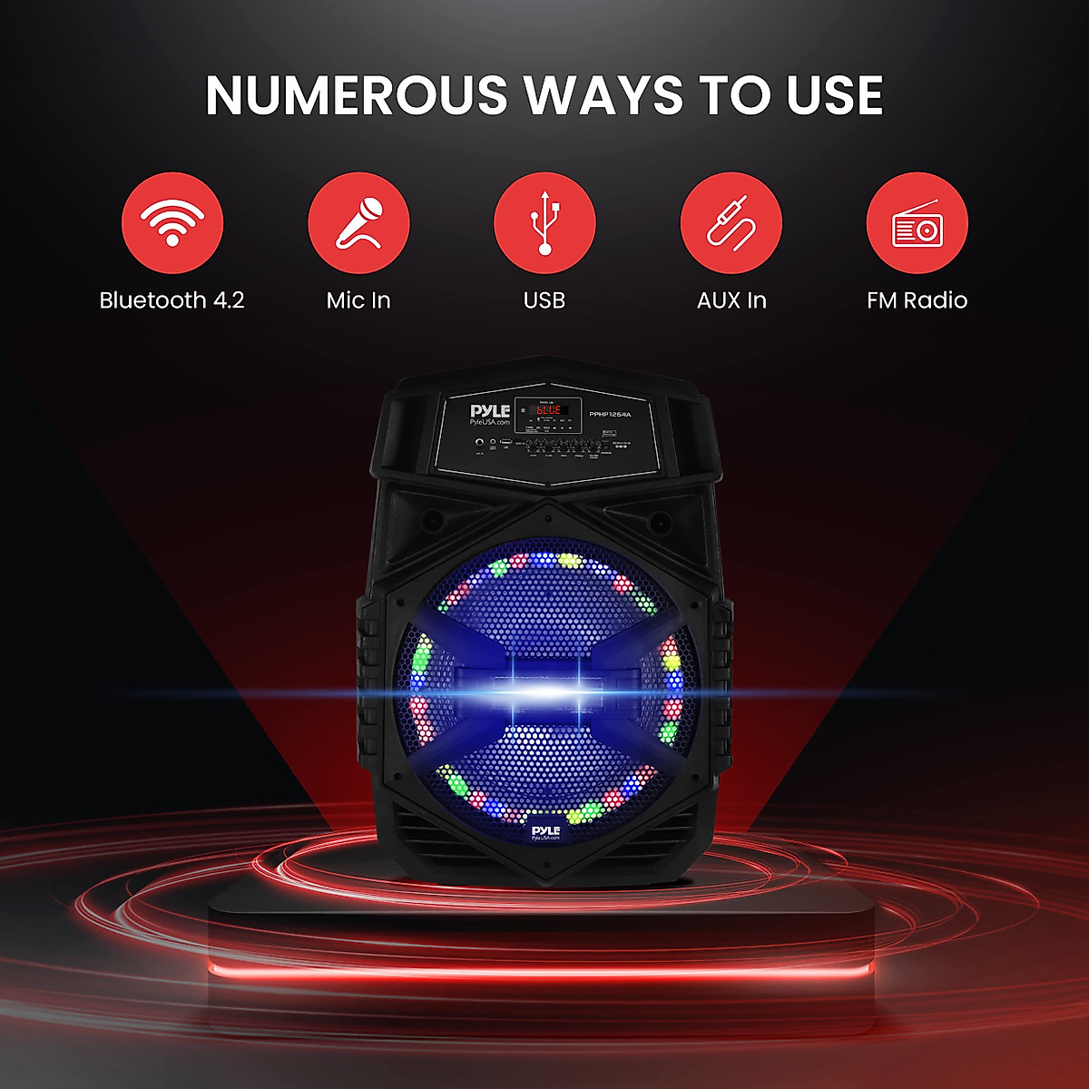 Pyle 12'' Portable Bluetooth Speaker System - 1000W Karaoke Speaker w/ LED Lights, USB/Micro SD/FM/BT/Aux/Remote Control/Mic & Guitar Inputs, Built-in Rechargeable Battery w/ Wheels & Handle Bar