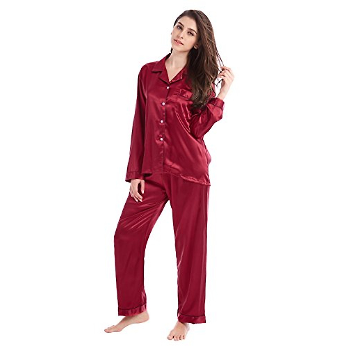 Tony & Candice Women's Classic Satin Pajama Set Sleepwear Loungewear (Large, Burgundy with Black Piping)