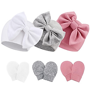 Newborn Baby Bow Hats and Mittens Hospital Hat Beanie Infant Caps Baby Cotton No Scratch Mittens Set for 0-6 Months
