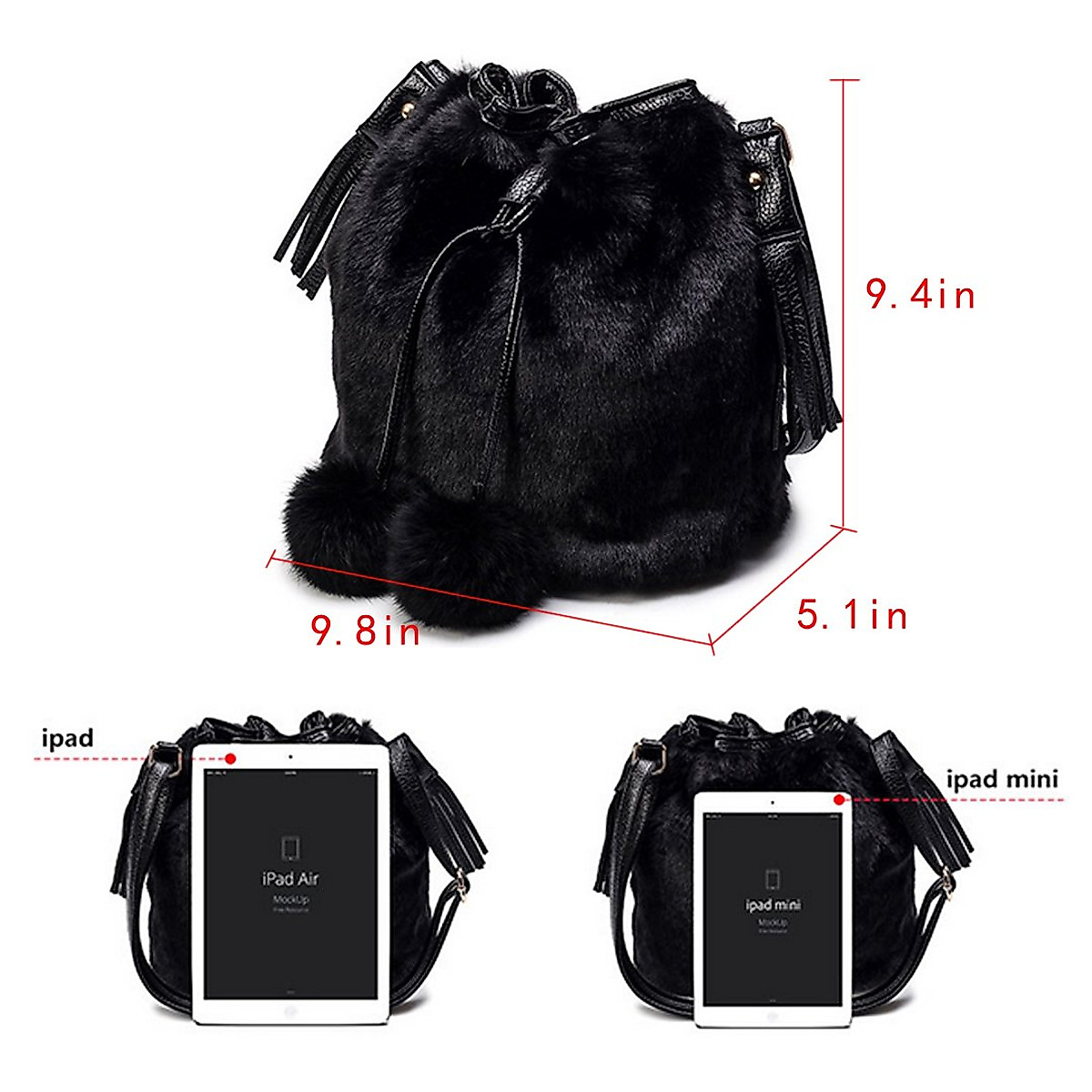 Van Caro Women’s Faux Fur Drawstring Bucket Bag Shoulder Crossbody Bag, Black