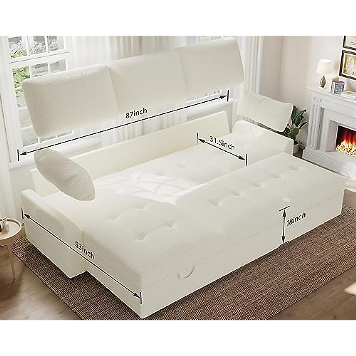 VanAcc Pull Out Sofa Bed, Modern Tufted Convertible Sleeper Sofa, Boucle Sleeper Sectional Couch Bed with Storage Chaise, L Shaped Sofa Couch for Living Room (White)
