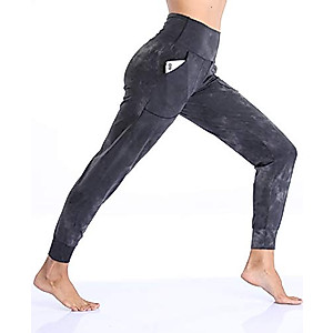 Oalka Women's Joggers High Waist Yoga Pockets Sweatpants Sport Workout Pants Tie Dye Black L
