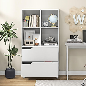 Giantex 51" Tall Bookcase with 2 Drawers, 4-Tier Open Bookshelf with 4 Storage Cubes, Modern Display Shelf with Anti-Toppling Devices, Freestanding Wooden Storage Shelf for Home Office, White