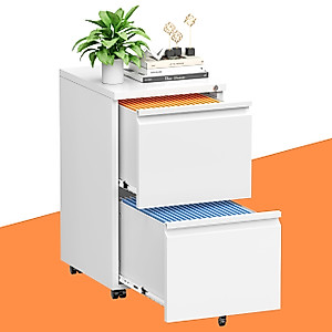 INTERGREAT 2 Drawer File Cabinet, Assembled Metal Filling Cabinet with Lock, Locking Office Mobile Cabinet with Wheels for Legal/Letter Size, Under Desk, White