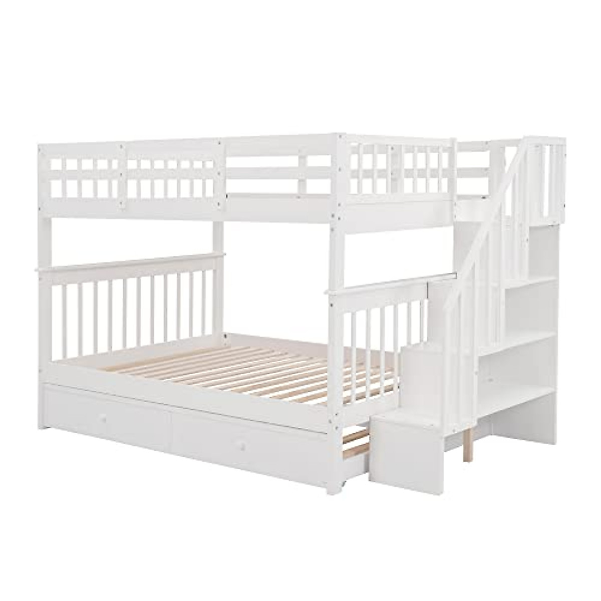 Full Over Full Bunk Bed with Trundle, Wood Full Bunk Bed with Storage Shelves, Full Over Full Bunk Bed Frame with Guardrails and Stairs for Kids Teens Adults, Can be Convertible into 2 Beds, White