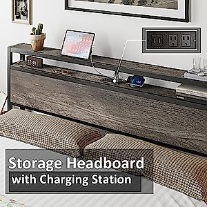 AMERLIFE King Size Bed Frame Industrial Platform Bed with Charging Station, 2-Tier Storage Headboard/No Box Spring Needed/Noise-Free/Rustic Grey