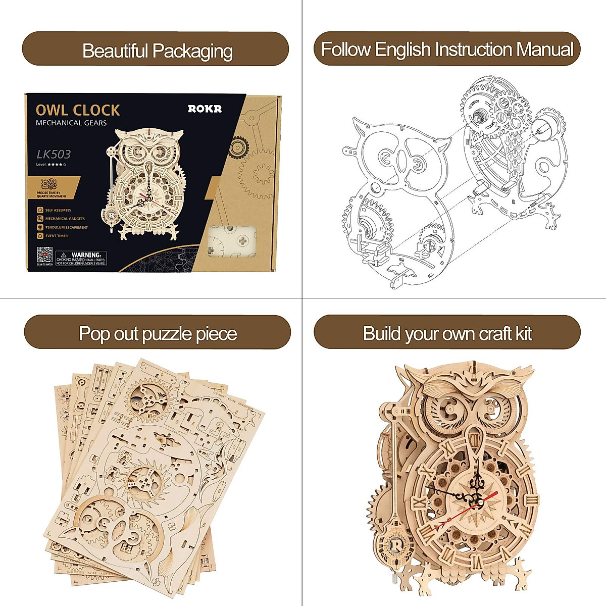 ROKR 3D Wooden Puzzle for Adults Owl Clock Model Kit Desk Clock Home Decor Unique Gift for Kids on Birthday/Christmas Day