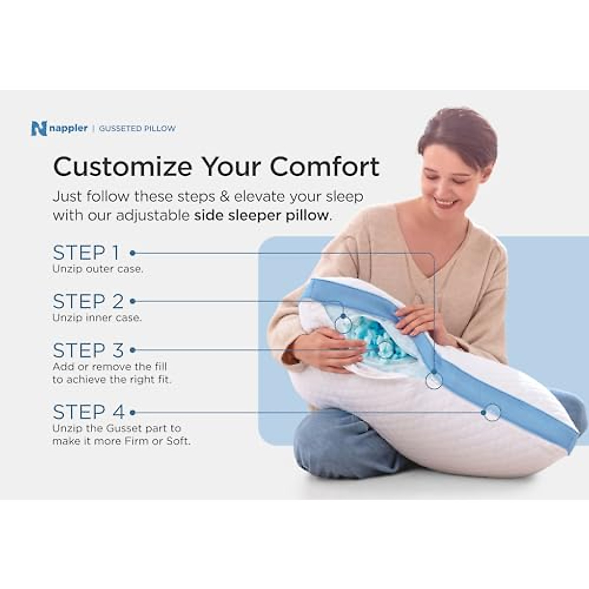 Nappler Side and Back Sleeper Pillow for Neck and Shoulder Pain Relief - Shredded Memory Foam Bed Pillow for Sleeping - 100% Adjustable Fill - King Size - Modal Washable Case. Extra Fill Included