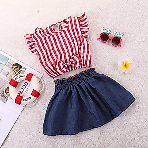 BOIZONTY Toddler Baby Girl Red Plaid Outfits Ruffled Sleeve Crop Top Shirts with Bowknot+Denim Skirt Dress Summer Clothes Set (Plaid, 3-4 Years)