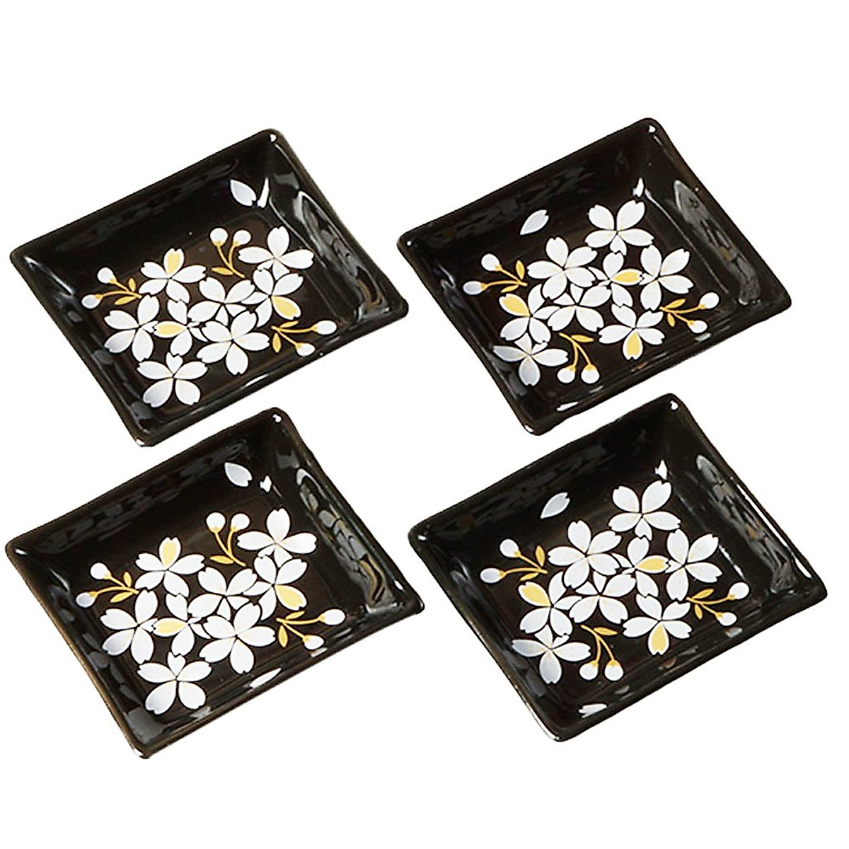 Cinf Ceramic Japanese Cherry Blossom Salad Sauce Rectangular Sushi Dish Set of 4 Plates Black Snack Bowls Appetizer Seasoning Serving for Kitchen Home