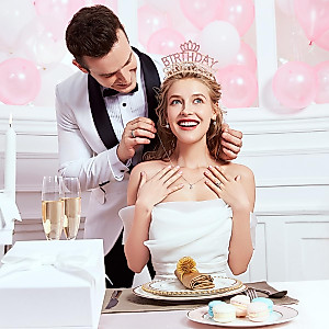 Birthday Princess Headband and Sash Set for Girls - Rhinestone Princess Tiara and Glitter Birthday Girl Crown - Perfect Birthday Gifts and Accessories for Women (Gold and Pink)