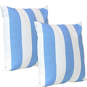 Sunnydaze 17-Inch Square Beach-Bound Stripe Indoor and Outdoor Decorative Throw Pillows Set of 2 with Zipper Closures and Inserts and Indoor and Outdoor Inflatable Ottoman Bundle