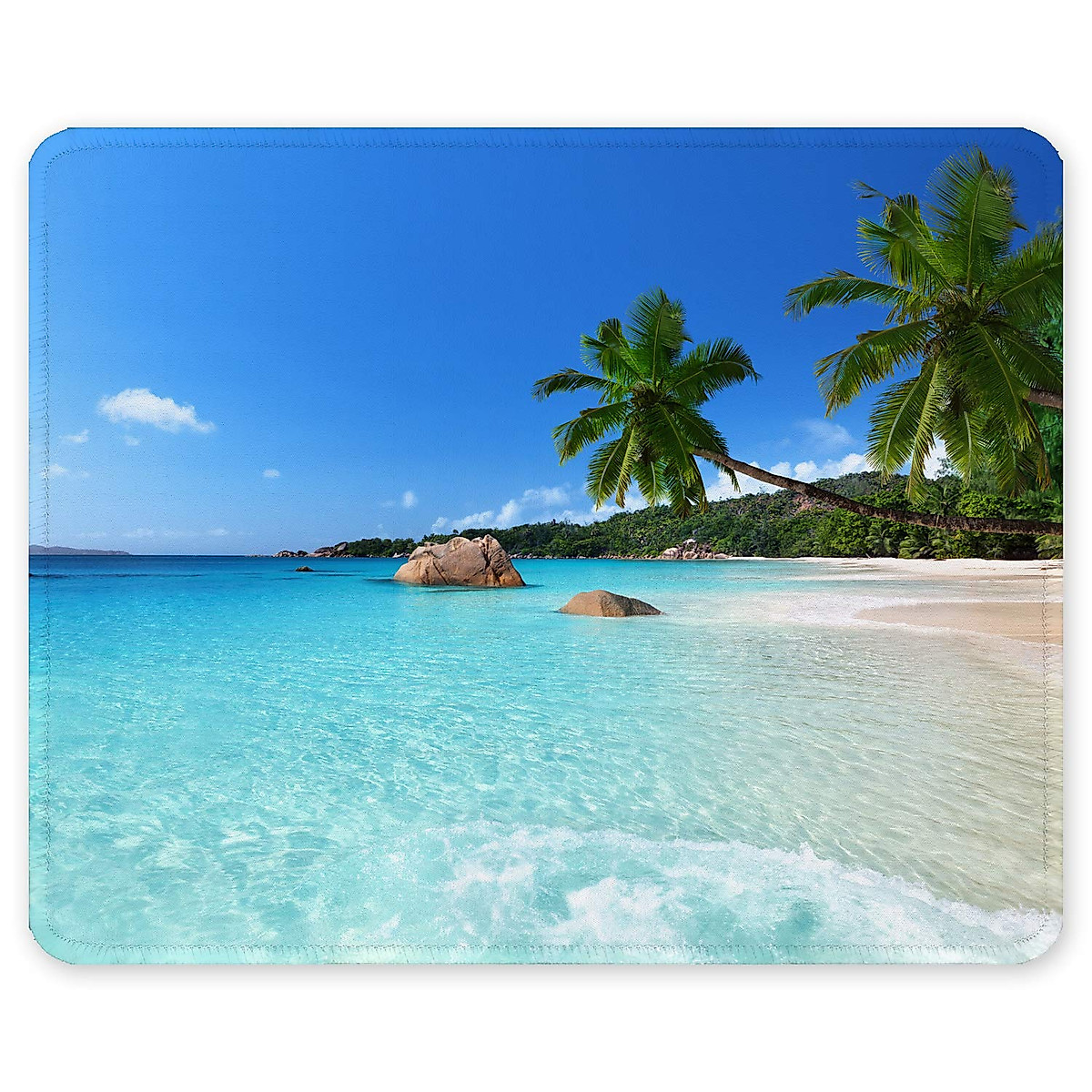 Auhoahsil Mouse Pad, Square Beach Style Anti-Slip Rubber Mousepad with Durable Stitched Edges for Gaming Office Laptop Computer PC Men Women Kids, Cute Custom Pattern, Beach and Coconut Trees Design