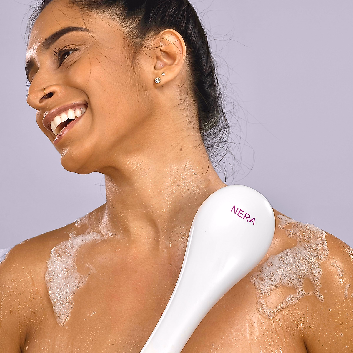 Spa Sciences - NERA - Power Shower Brush - 3-in-1 Multifunction Back & Body Brush - Exfoliation, Cleansing, Massaging - for All Skin Types - Includes Body Brush, Loofah, & Pumice Stone - USB Charging