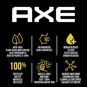 Axe Body Wash Charge & Hydrate Sports Blast Energizing Citrus Scent Men's Body Wash, 100 percent Recycled Bottle 16 oz 4 Count
