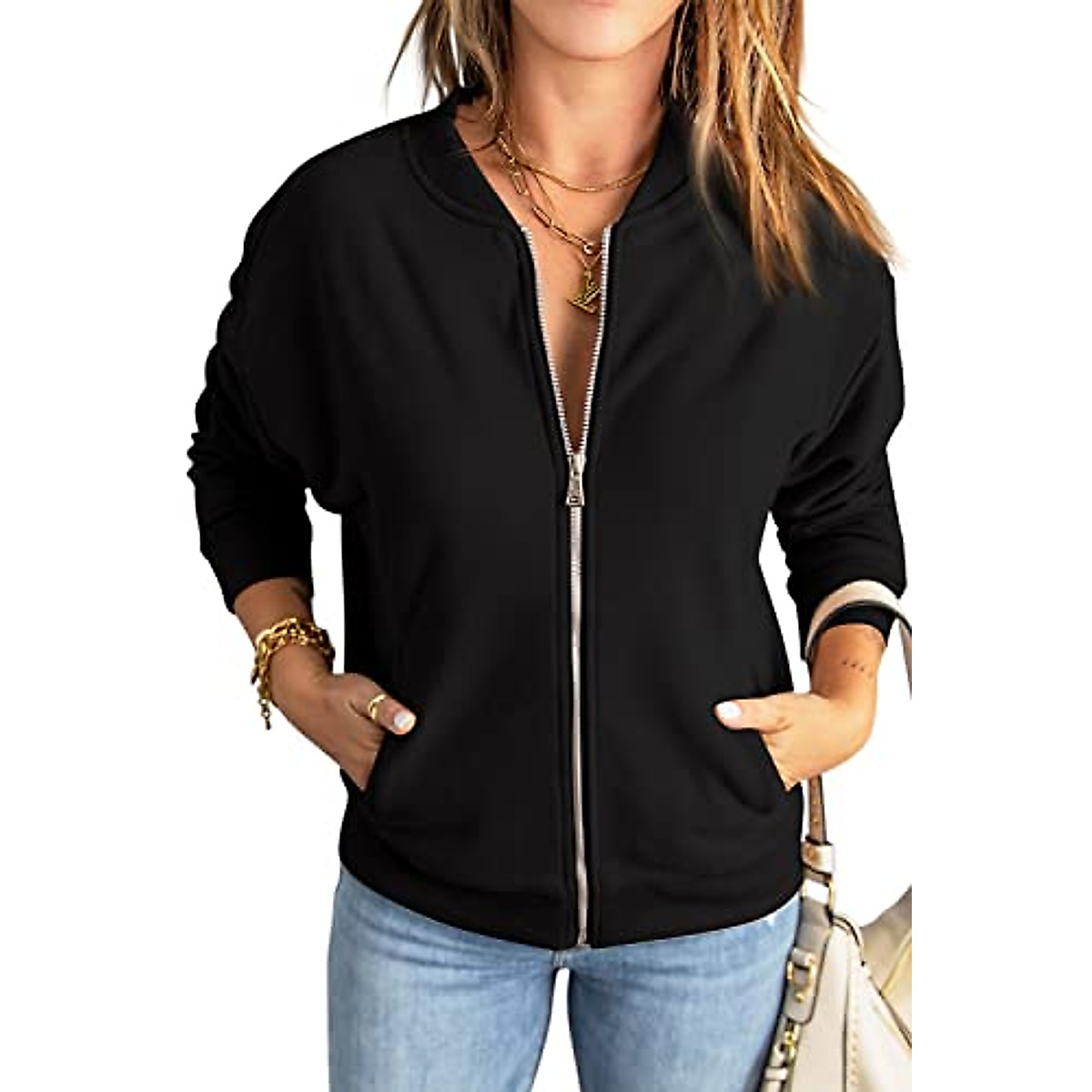 GeGekoko Womens Sweatshirt Long Sleeve Casual Loose Zip Up Jacket Outwear with Pockets Black