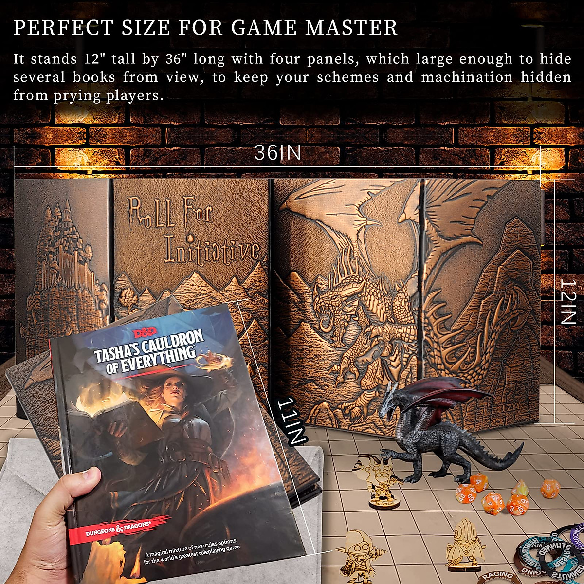 CZYY DND Dungeon Master Screen Faux Leather Embossed Dragon & Mimic, Four-Panel with Pockets DM Screen for Dungeons and Dragon, Pathfinder, D&D