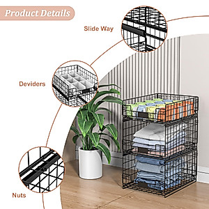 3 Pack Sliding Closet Organizers and Storage, Stackable Closet Storage Shelves, Pull Out Clothes Storage Organizer Baskets/Containers/Drawers with Dividers for Wardrobe (Black-Sturdy Wire Metal Frame)