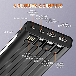 Portable Charger with Built in Cables,10000mAh Power Bank with LED Lamp Fast Charging 3.0 USB C External Battery Pack Phone Charger with LED Display for iPhone, Samsung and Cell Phones (Black)