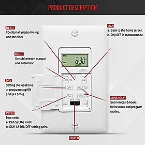 ENERLITES - HET01-C-W Programmable Digital Timer Switch for Lights, Fans, Motors, 7-Day 18 ON/OFF Timer Settings, Single Pole, Neutral Wire Required, UL Listed, HET01-C, White