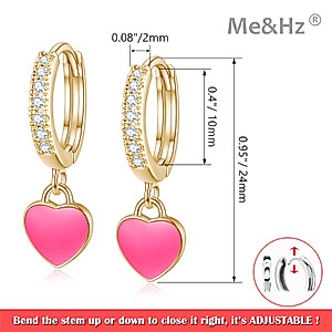 14K Gold Plated Pink Heart Dangle Drop Earrings for Women CZ Huggie Hoops Charm Earrings Dangling Hot Pink Enamel Love Heart Earrings Dainty Cute Valentines Day trendy Jewelry