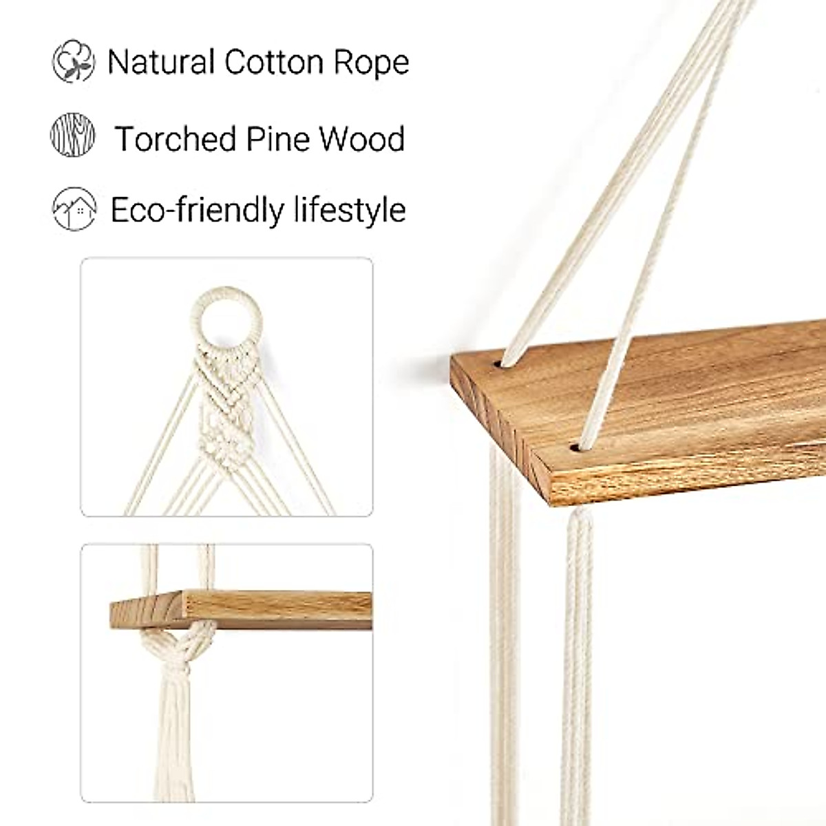 Mkono Macrame Hanging Shelf Boho Wall Decor 2 Tier Handmade Cotton Rope Rustic Wood Floating Shelves Display Photos Plants Hanging Storage Shelving for Living Room Nursery Bathroom Bedroom