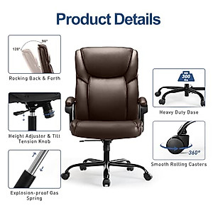 Executive Office Chair - Ergonomic Big and Tall Home Computer Desk Chair with Lumbar Support, PU Leather, High Back, Adjustable Height & Swivel